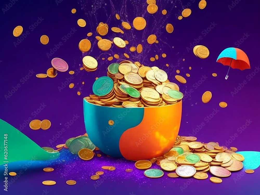 Coin Rain Harvest: Dynamic AI art showcasing a cascade of coins into ...