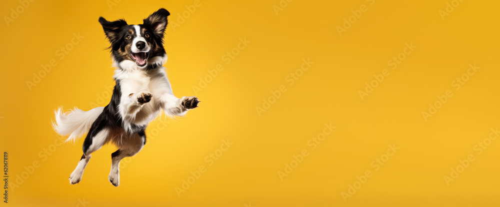 Dog jumping high in air, looks like flying. Wide banner with copy space ...