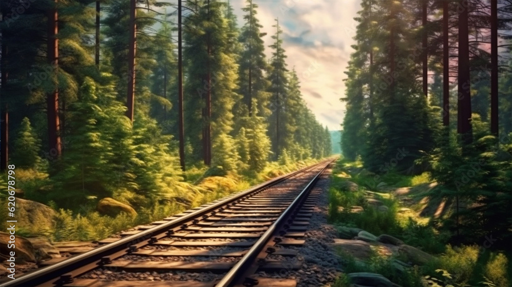 ภาพประกอบสต็อก Forest trees along a railroad on an summer. Train tracks ...