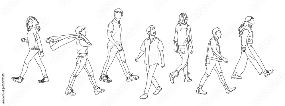 Set of different people walking line art drawing. Group of business ...