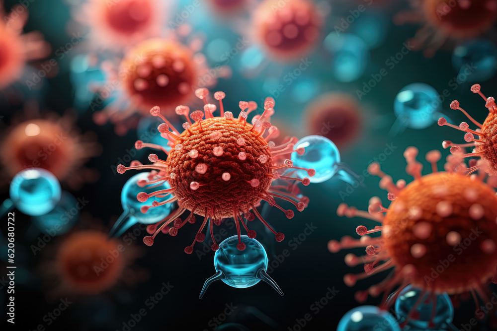 An illustrative banner depicts a microscopic view of floating influenza ...