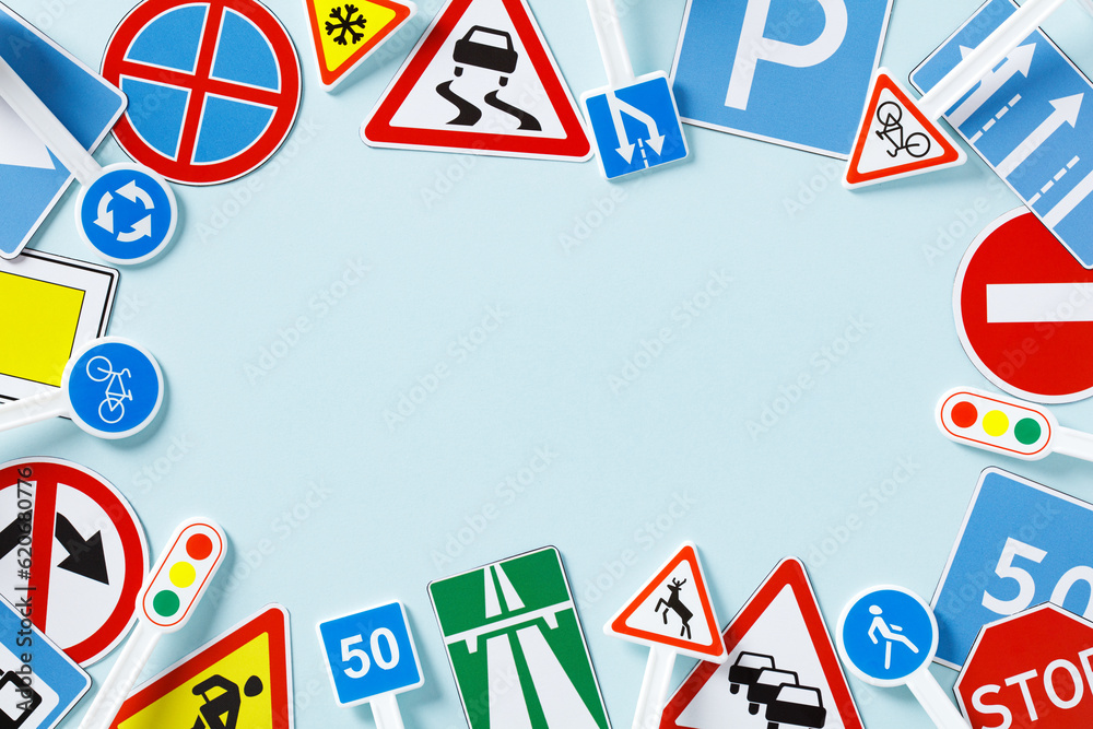Frame made of road traffic signs. Banner design for driving school ...