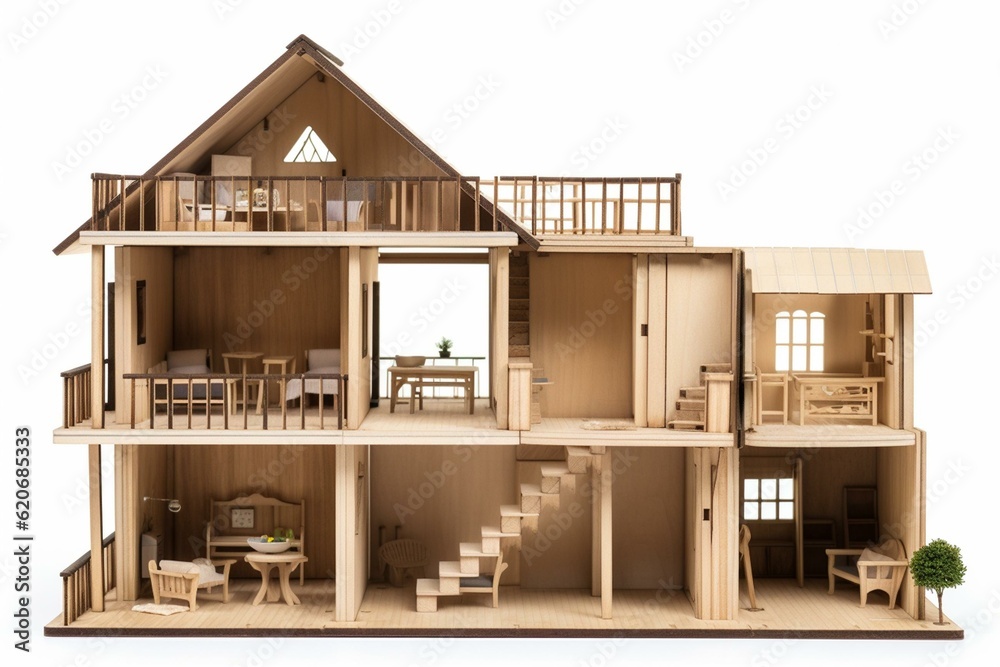 Realistic wooden dollhouse isolated on white background with clipping ...