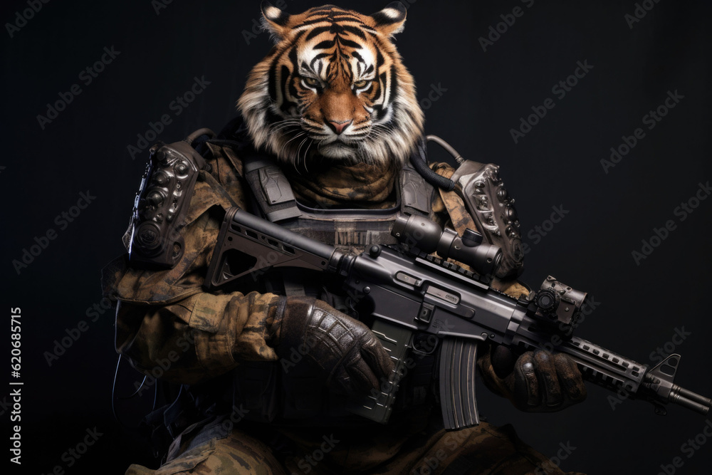 Tiger in body armor and with a machine gun. Beast in an armor with ...