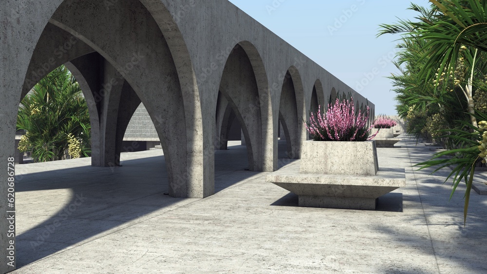 Concrete arched enfilade, stone flower beds, palm trees against the ...