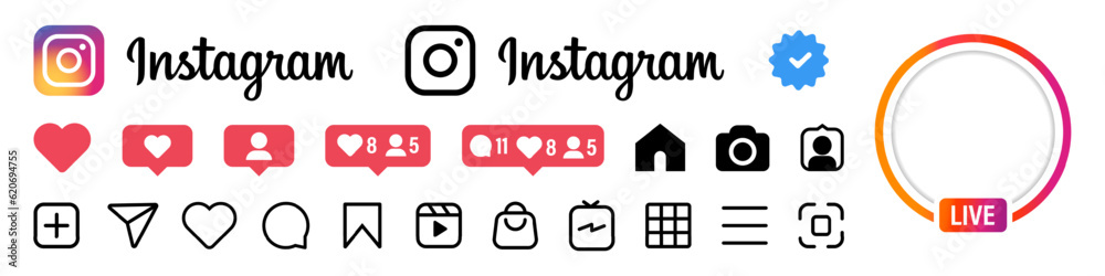 Vinnytsia, Ukraine - July 6, 2023: Instagram buttons and logo set ...