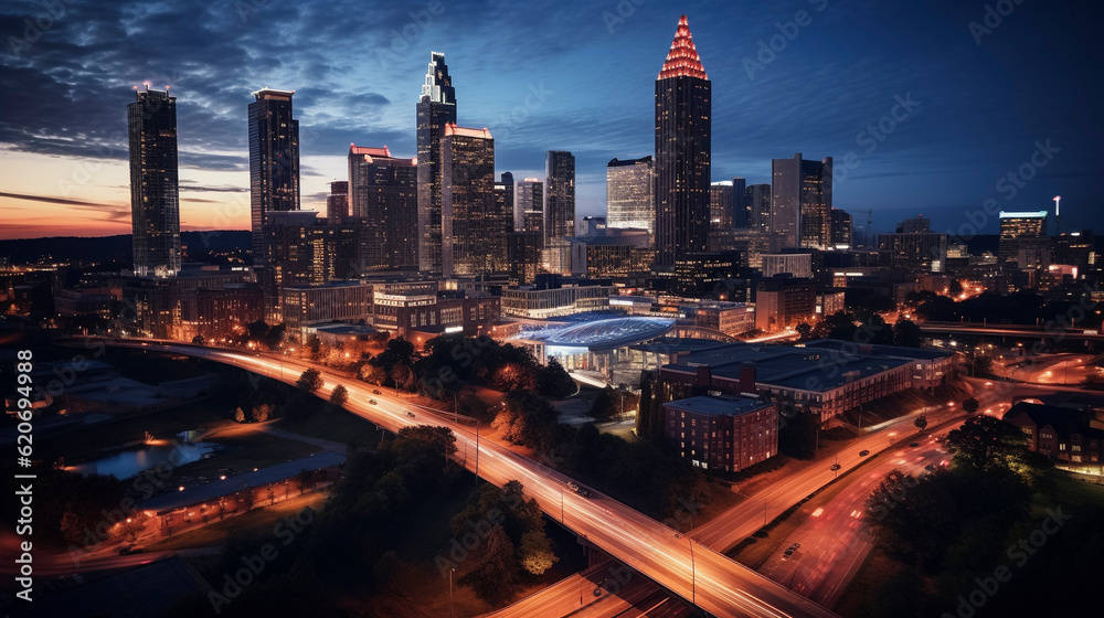 Drone photo of Atlanta Georgia city at night long exposure for traffic ...