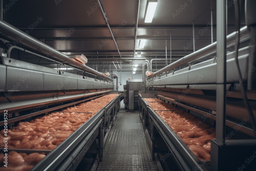 Modern meat factory with chicken fillet production line and conveyor ...