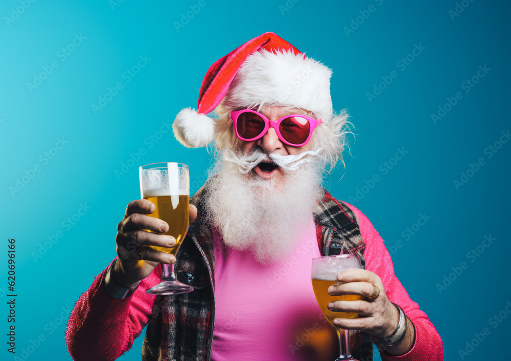 Punk rock Santa Claus sips beer against minimal background and laughs ...