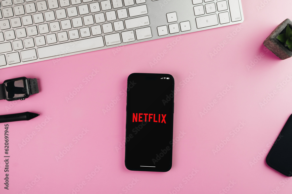 Netflix streaming app on the smartphone iPhone 14 Pro screen on pink ...