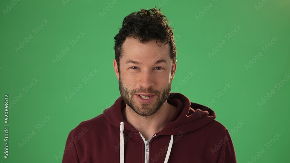 Close up head shot portrait man applicant on green screen chroma key ...