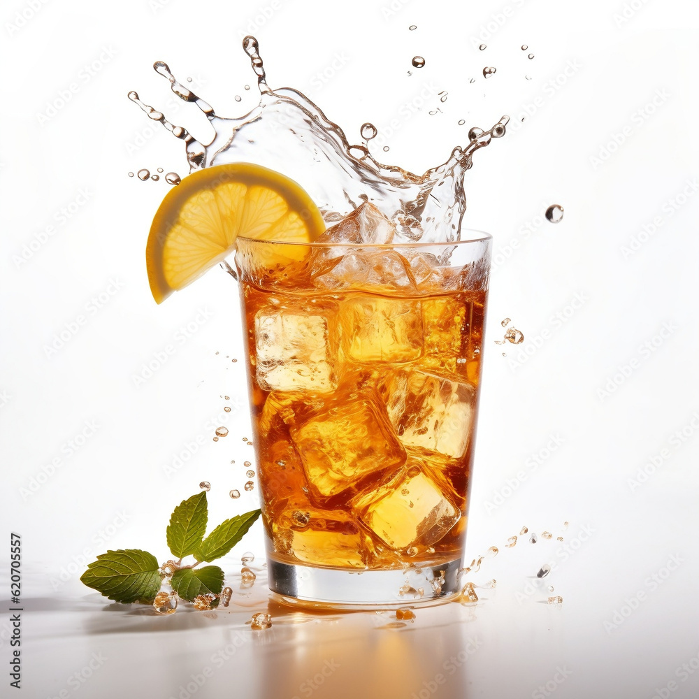 Ice tea splashing out from the glass. Refreshing summer drink, thirst ...