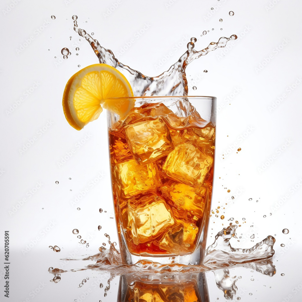 Ice tea splashing out from the glass. Refreshing summer drink, thirst ...
