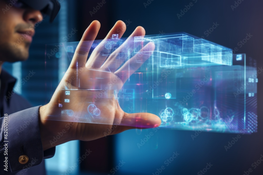 User's hands interacting futuristic technological holographic blue ...