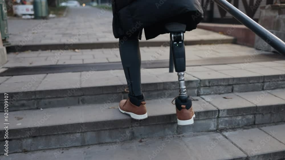 Artificial limb, Determined step, Orthotic support. Man with prosthetic ...
