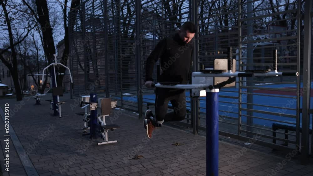 Adaptive workout, Limb difference, Outdoor exercise. Man with ...