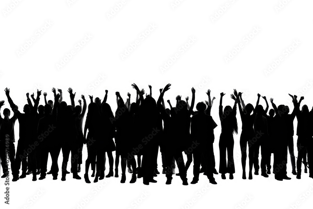 Black silhouette of a huge crowd of cheering people isolated on a white ...