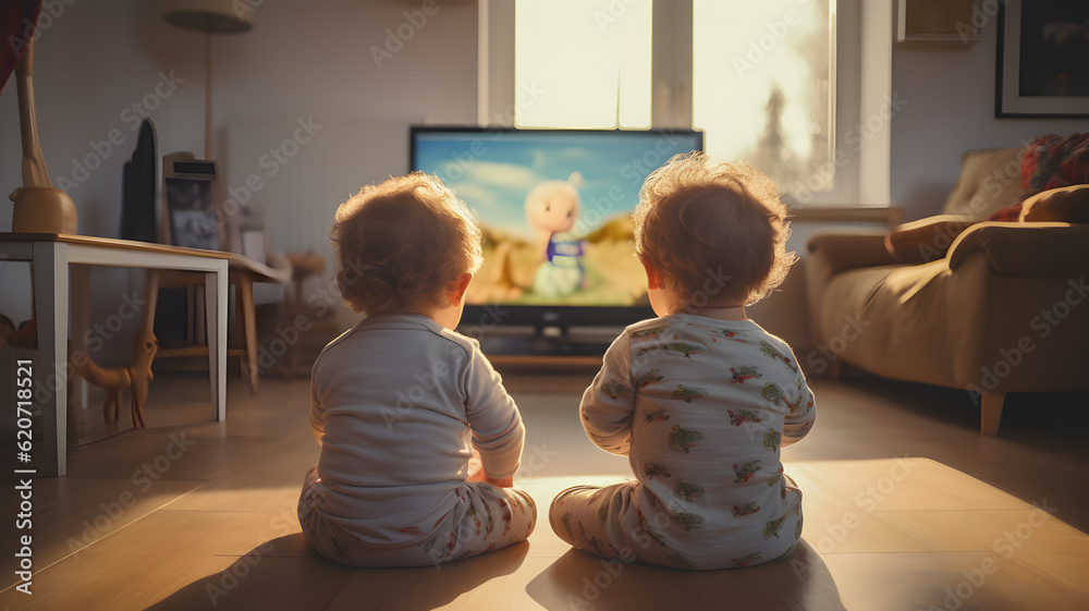 ภาพประกอบสต็อก deux bébés installés devant la télévision pour dénoncer ...