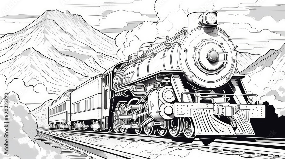 Realistic steam train sketch template. Coloring paper, page, story book ...