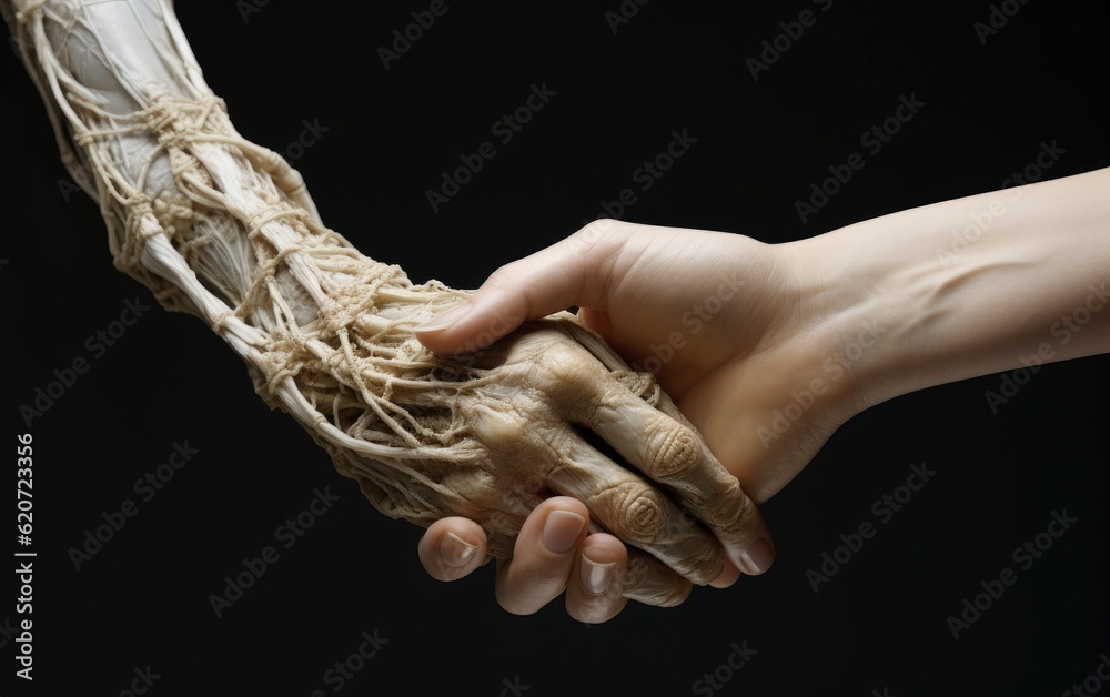 Two hands young and old handshake, symbol of self reflection, take care ...