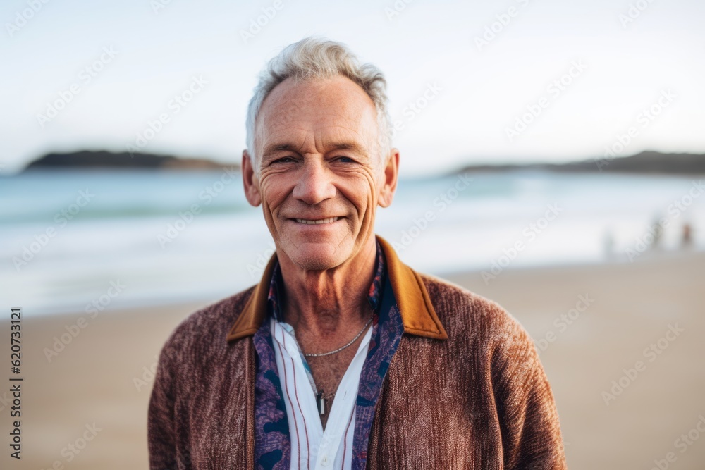 Medium shot portrait photography of a grinning man in his 60s wearing a ...