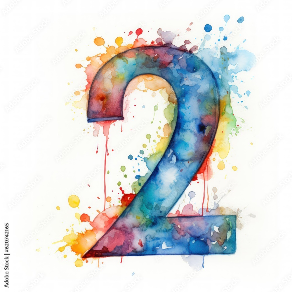 Watercolor Colorful Numbers Illustration. Number Two 2. Isolated on ...