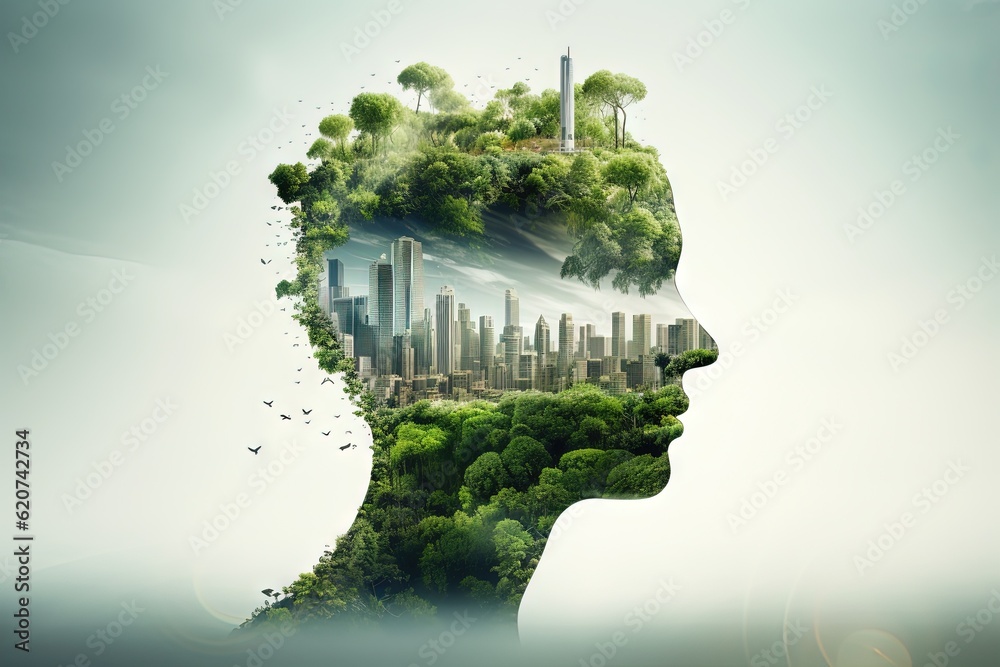 Double exposure of person thinking about green city, sustainability, urban planning, city ...