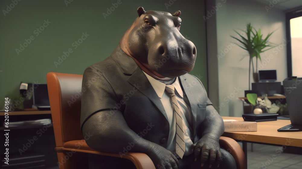 hippopotamus wearing formal business suit like a boss in the office ...