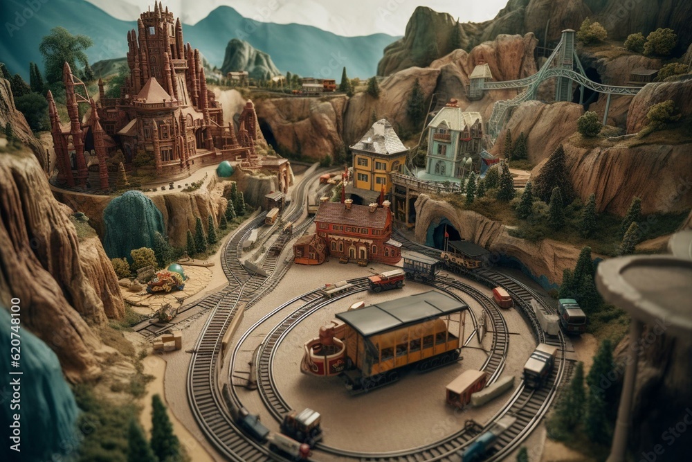 3D plasticine amusement park with locomotive, railroad tracks, tunnel ...
