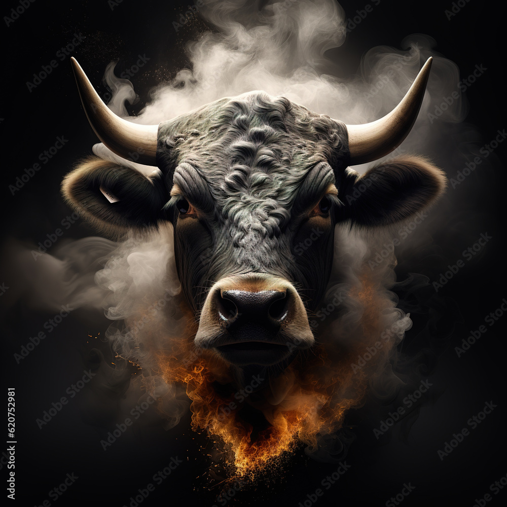 Image of a cow face with fire smoke on black background. Farm animals ...