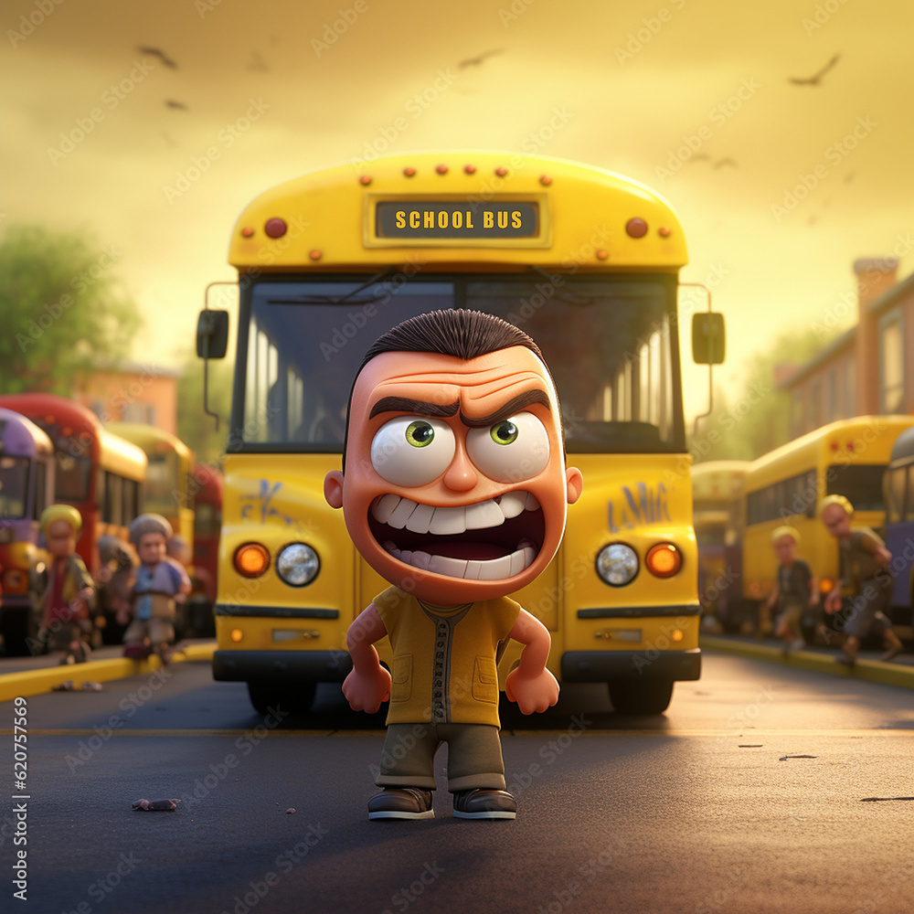 3d cartoon school bus driver yelling and angry during back to school ...