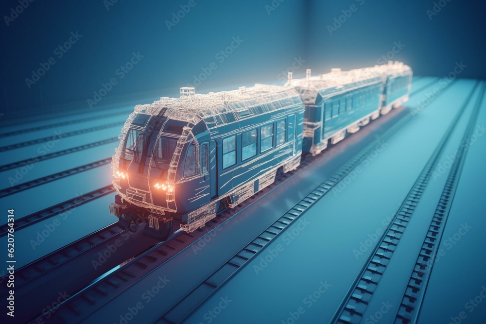 A train on a two-way railway track. Low-poly lines and points. Blue ...
