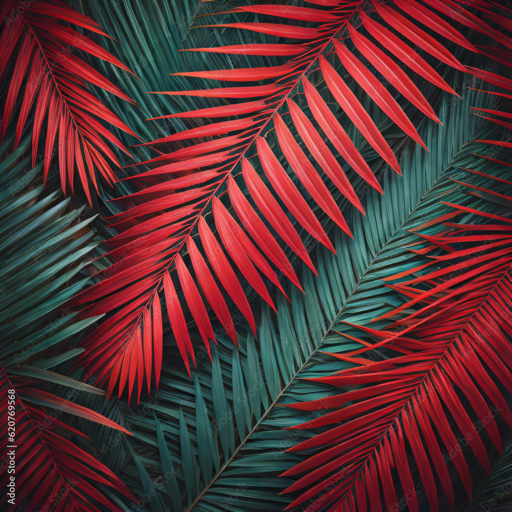 Lively tropical background with a neon light and palm tree leaves ...