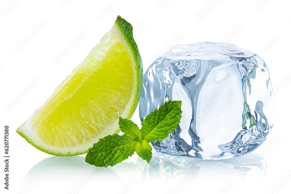 Ice cube. Ice cubes with fresh mint leaves and lime. Frozen water in shape of cube. Ice for lime ...