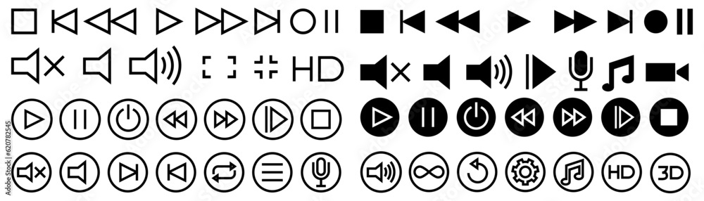 multi media player button icon set collection. Streaming video or movie ...