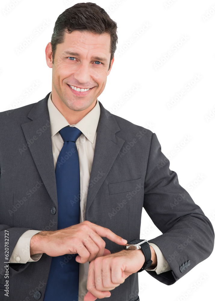 Digital png photo of happy caucasian businessman pointing at watch on ...