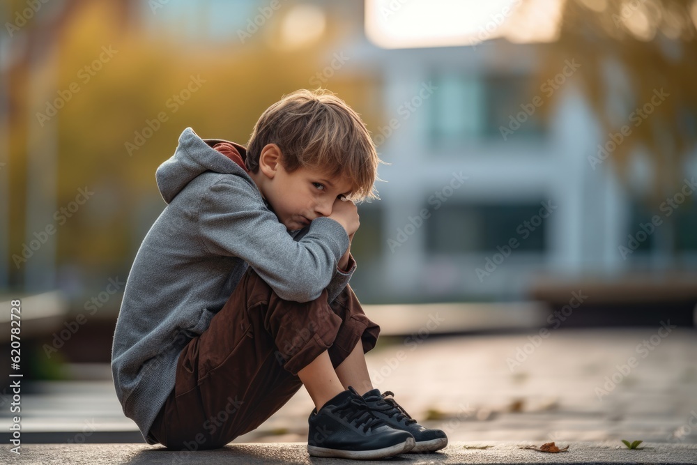 Side view of a sad Crestfallen Crying child boy sitting on the floor at ...