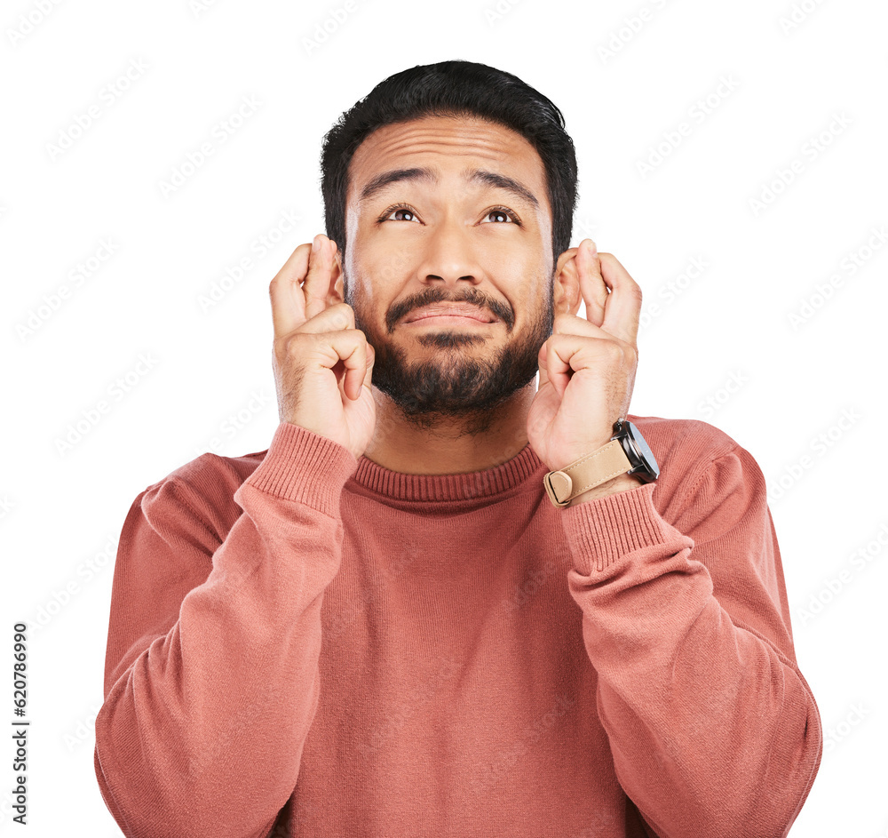Wish, fingers crossed and praying with man for good luck, anxiety and ...