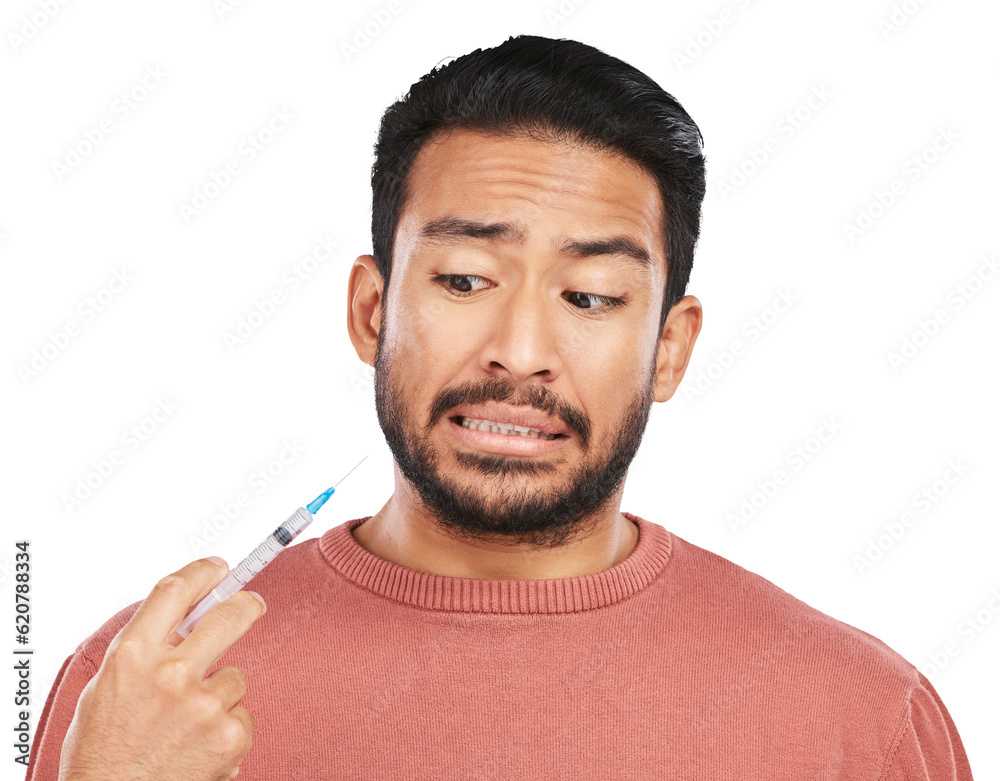 Foto de Scared, medicine and man with syringe on isolated, png and ...