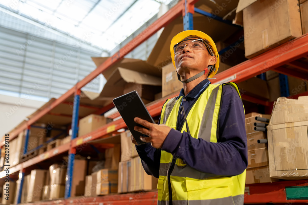 warehouse A distribution center worker carries the box and prepares it ...