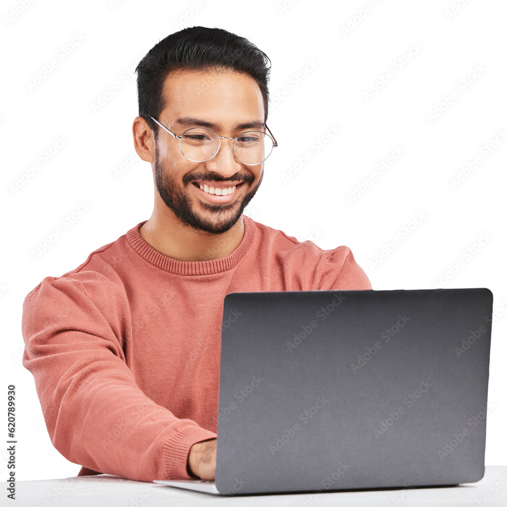 Asian man, laptop and smile with business work and typing email ...