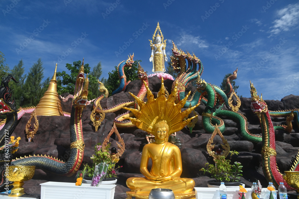 Group of beautiful statues of Buddha images, angels and Nagas at Wat ...