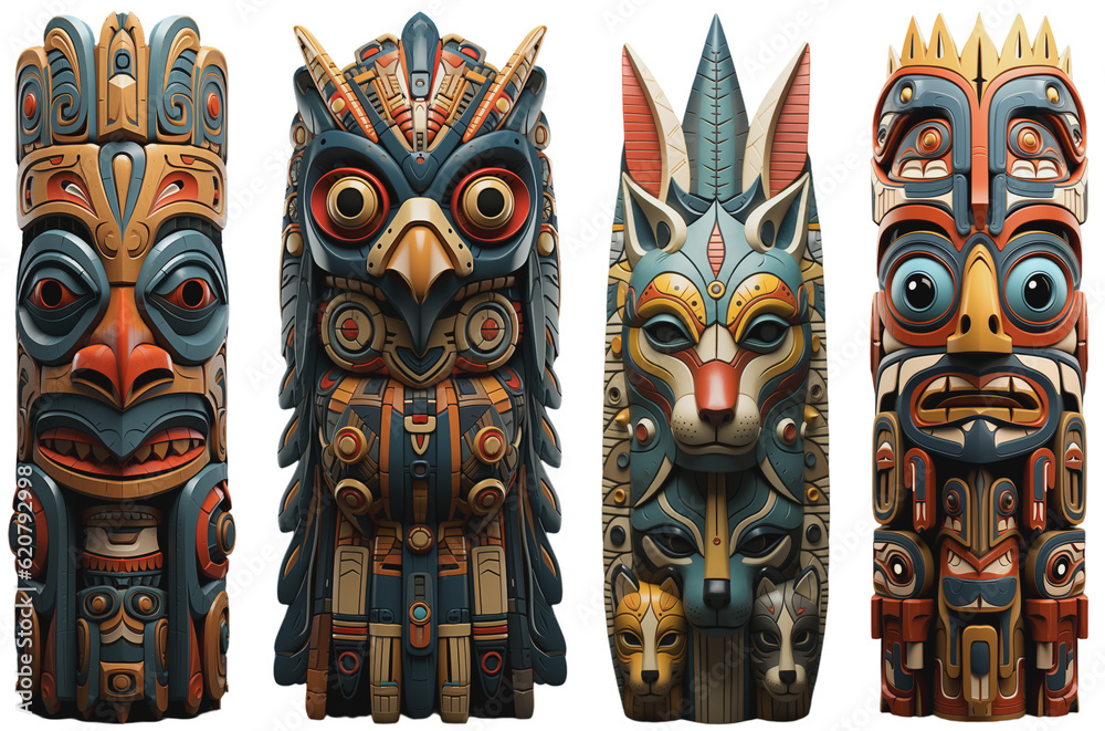different indian colorful and artfully crafted totem poles on a ...
