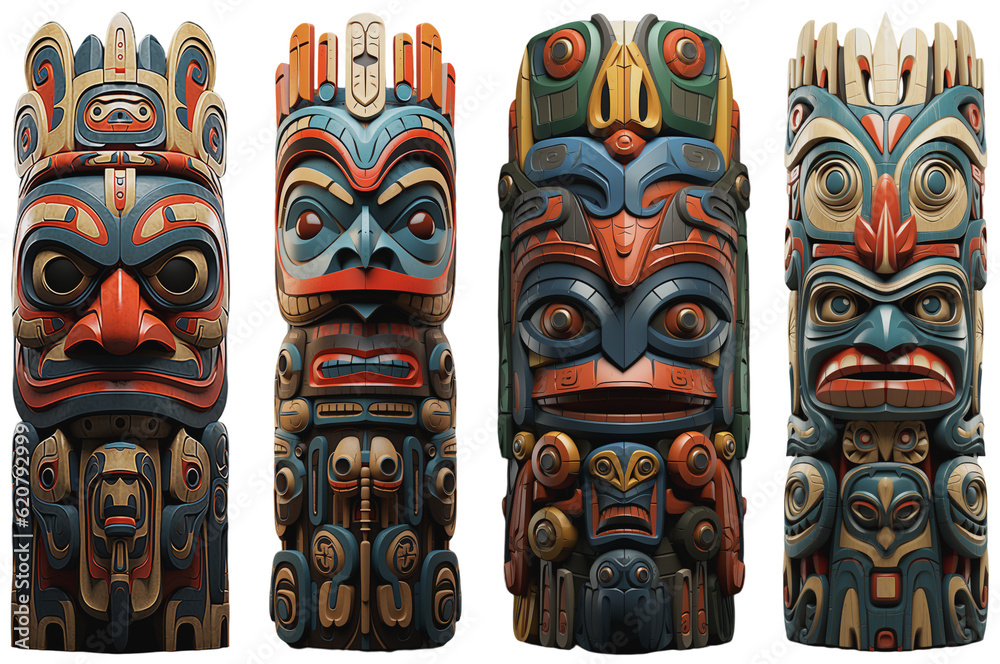 different indian colorful and beautifully crafted totem poles on a ...