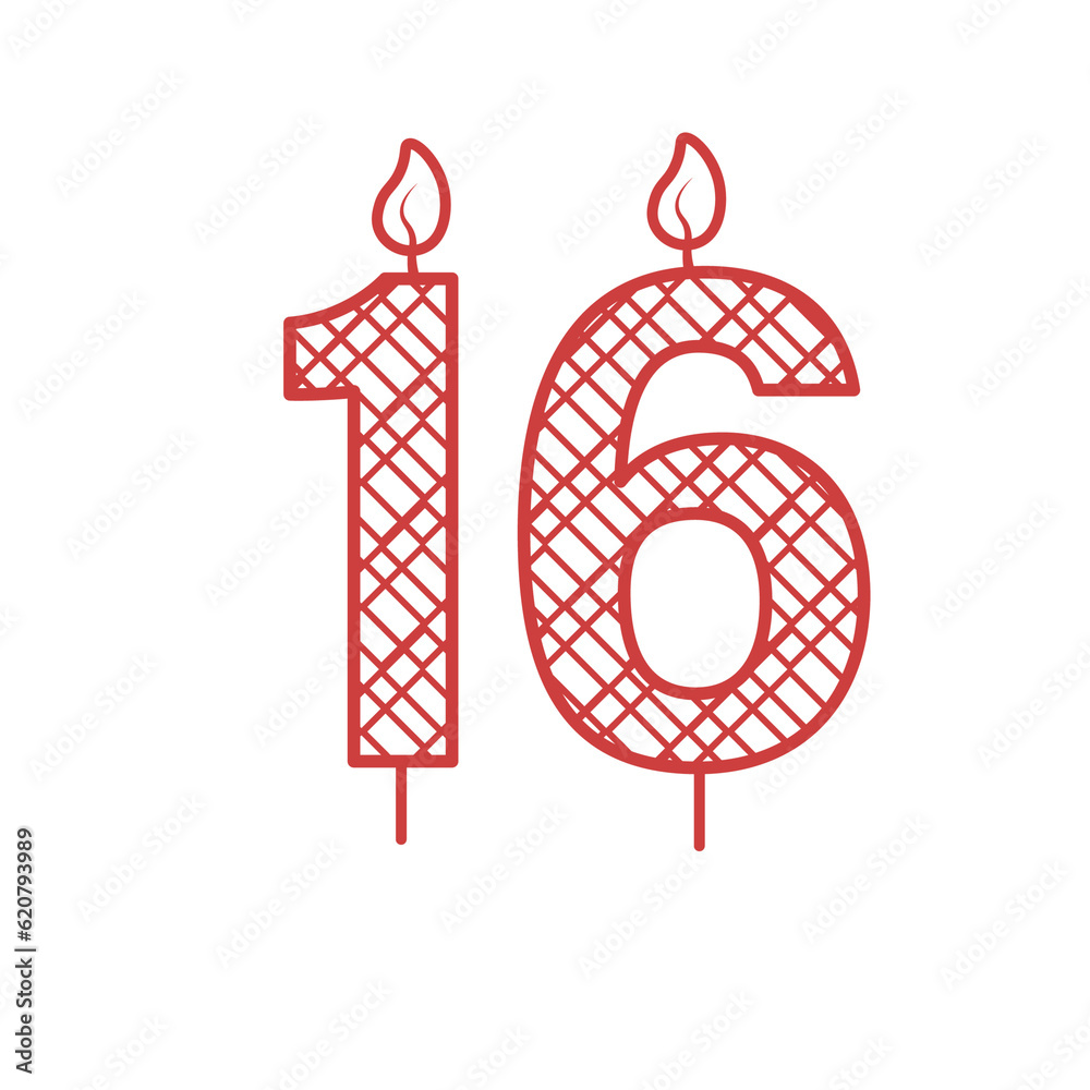 Digital png illustration of red 16 birthday candle with pattern on ...