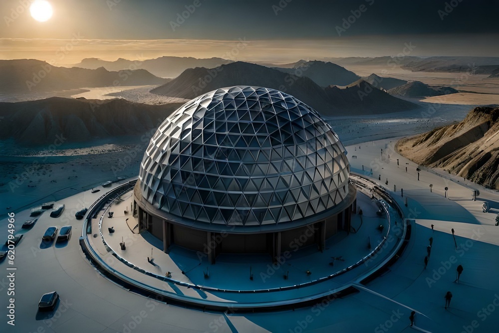 A cluster of transparent geodesic domes housing a lunar research ...