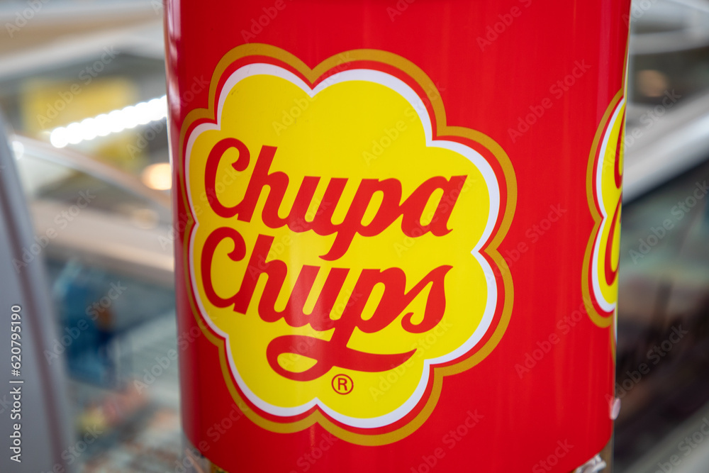 Chupa Chups logo text and Spanish brand sign advertising lollipop ...