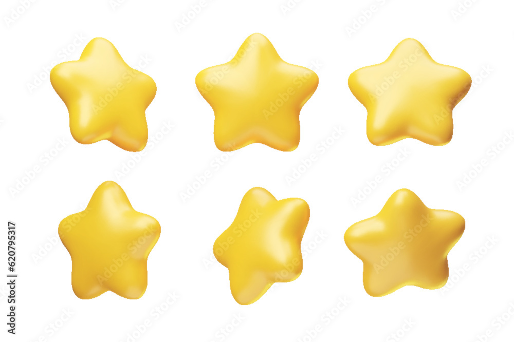 3d rotating golden glossy stars set 3d realistic style. Metallic yellow stars from different ...