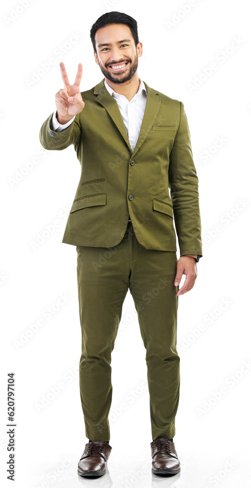 Happy, peace sign and portrait of business man on png for motivation ...
