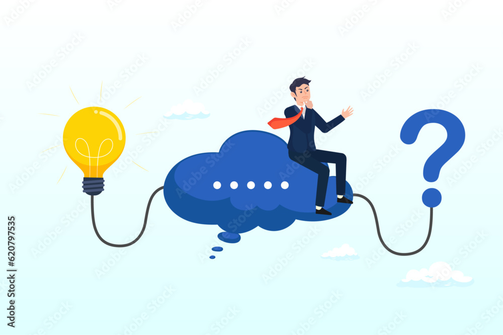 Businessman thinking bubble connect question mark to light bulb ...